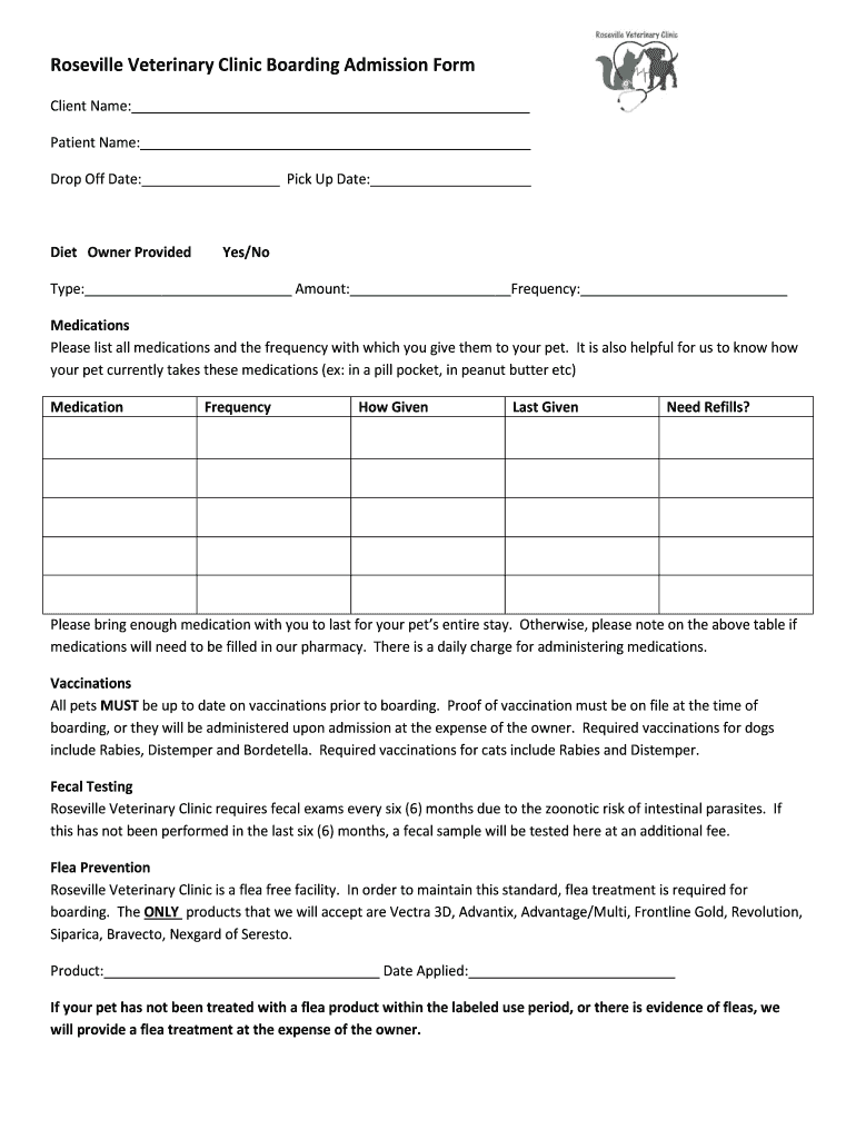 Fillable Online Roseville Veterinary Clinic Boarding Admission Form Fax ...
