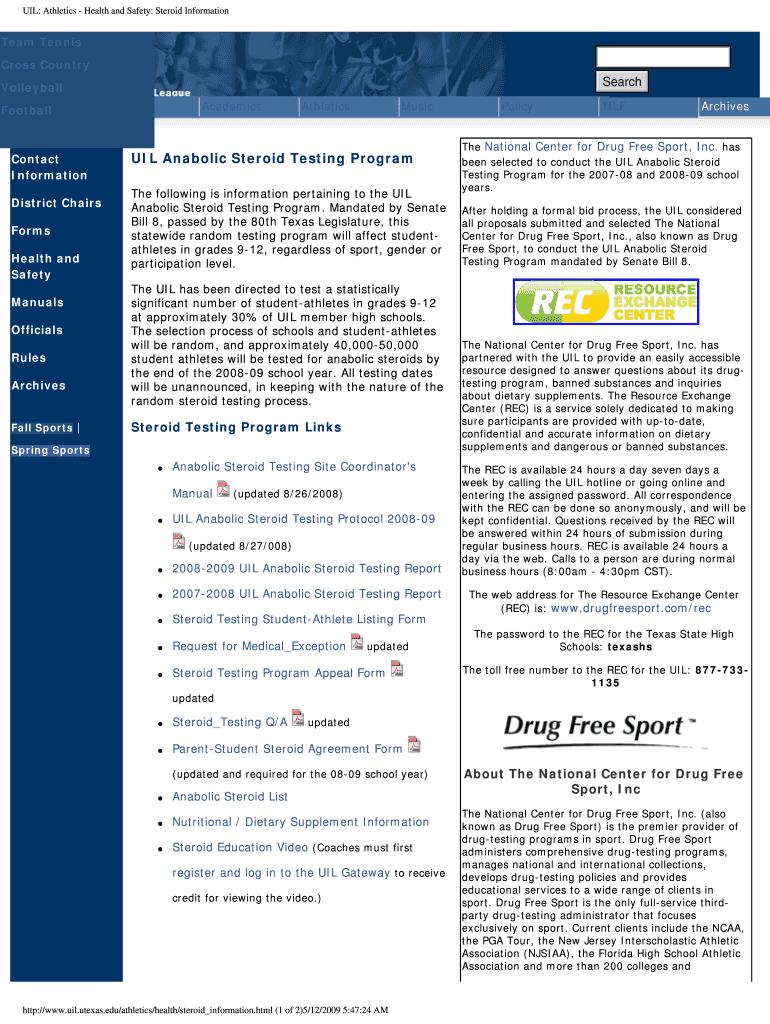 Fillable Online UIL: Athletics - Health and Safety: Steroid Information ...