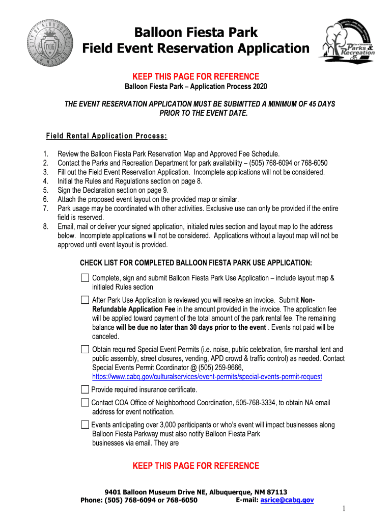 Fillable Online Balloon Fiesta Park ReservationsCity of Albuquerque Fax ...