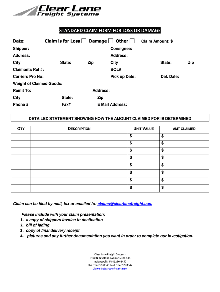 Fillable Online standard claim form for loss or damage - Clear Lane ...