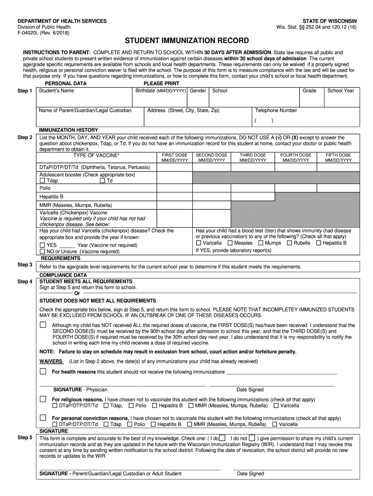 Fillable Online Student Immunization Record - Wisconsin Department of ...