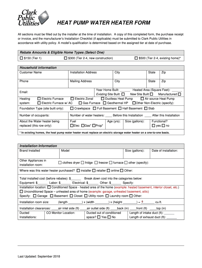 Fillable Online heat pump water heater form - Clark Public Utilities Fax Email Print - pdfFiller