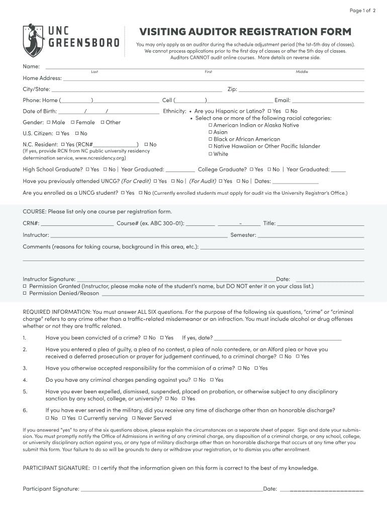Fillable Online admissions uncg visiting auditor registration form ...