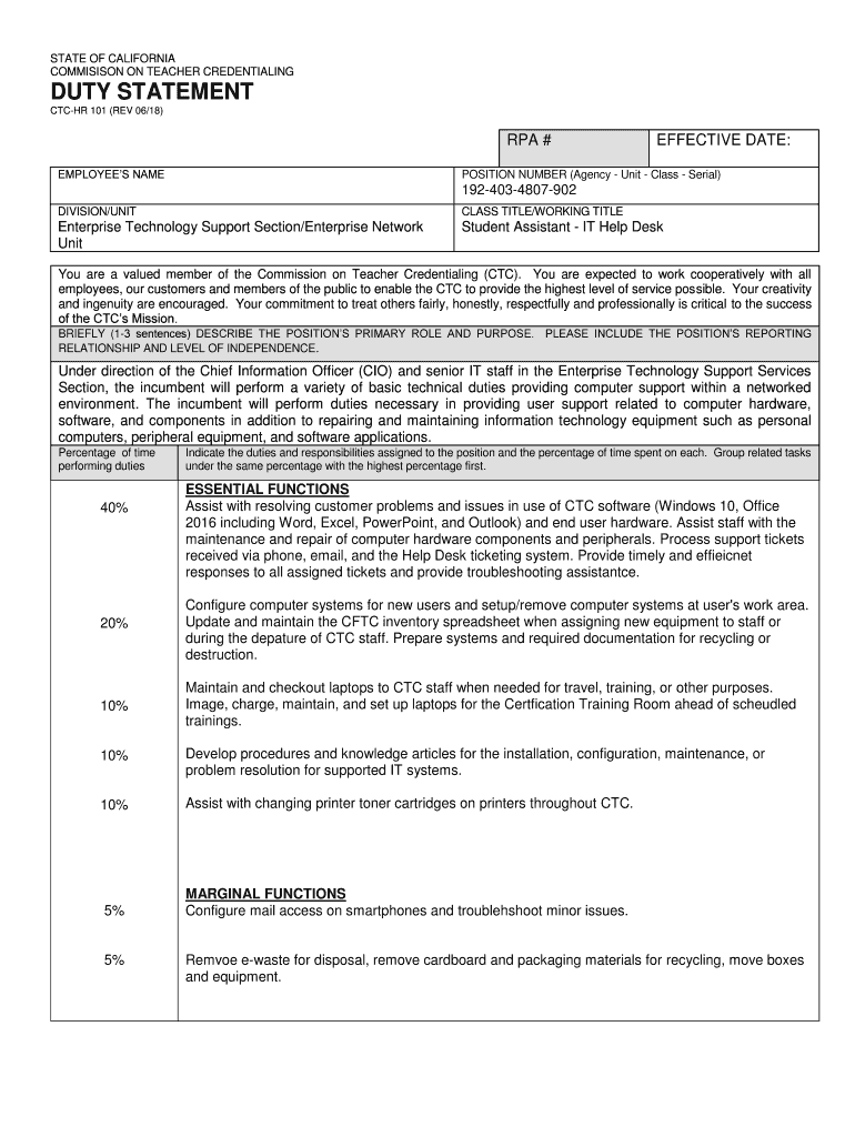 Fillable Online Duty Statement Form. Bldg Prop Mgmt In-Town Duty ...