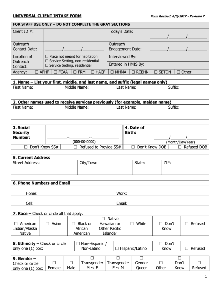 Fillable Online Shelter and Street Outreach Services HMIS Intake Form ...
