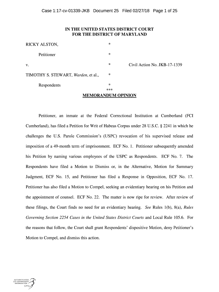 Fillable Online Case 1:17-cv-01339-JKB Document 25 Filed 02/27/18 Page ...