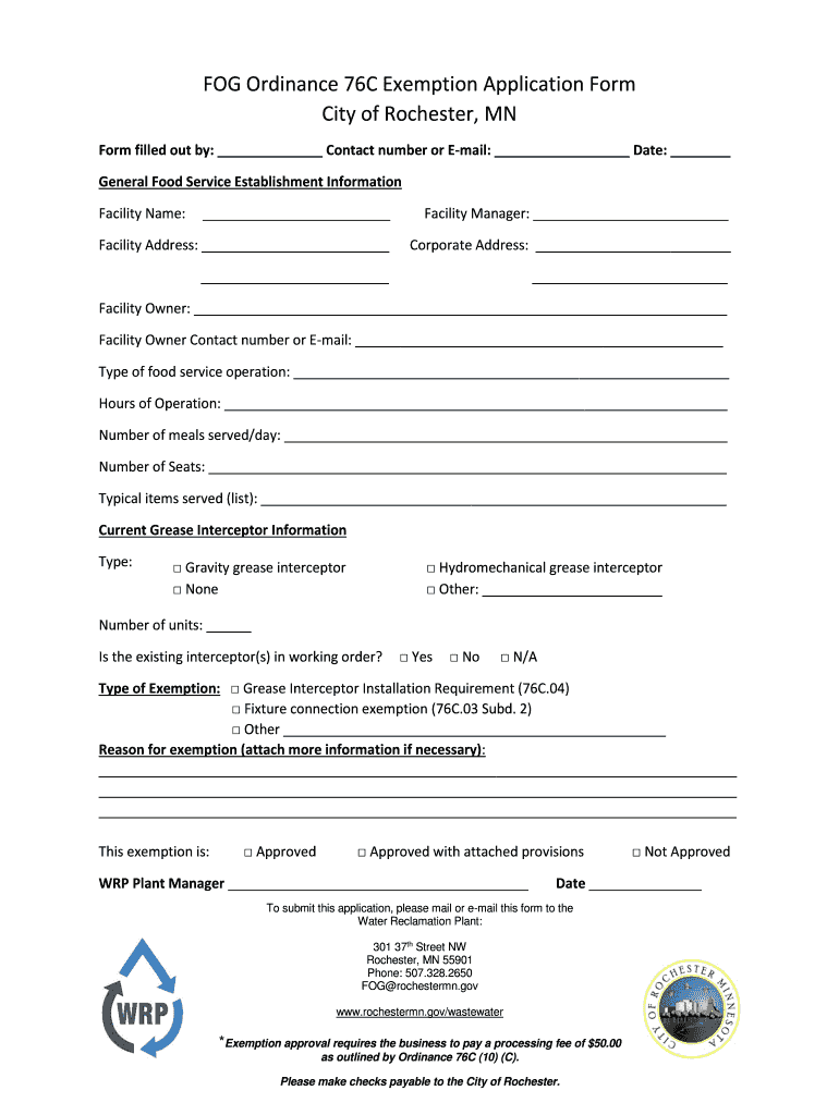 Fillable Online FOG Ordinance 76C Exemption Application Form Fax Email ...