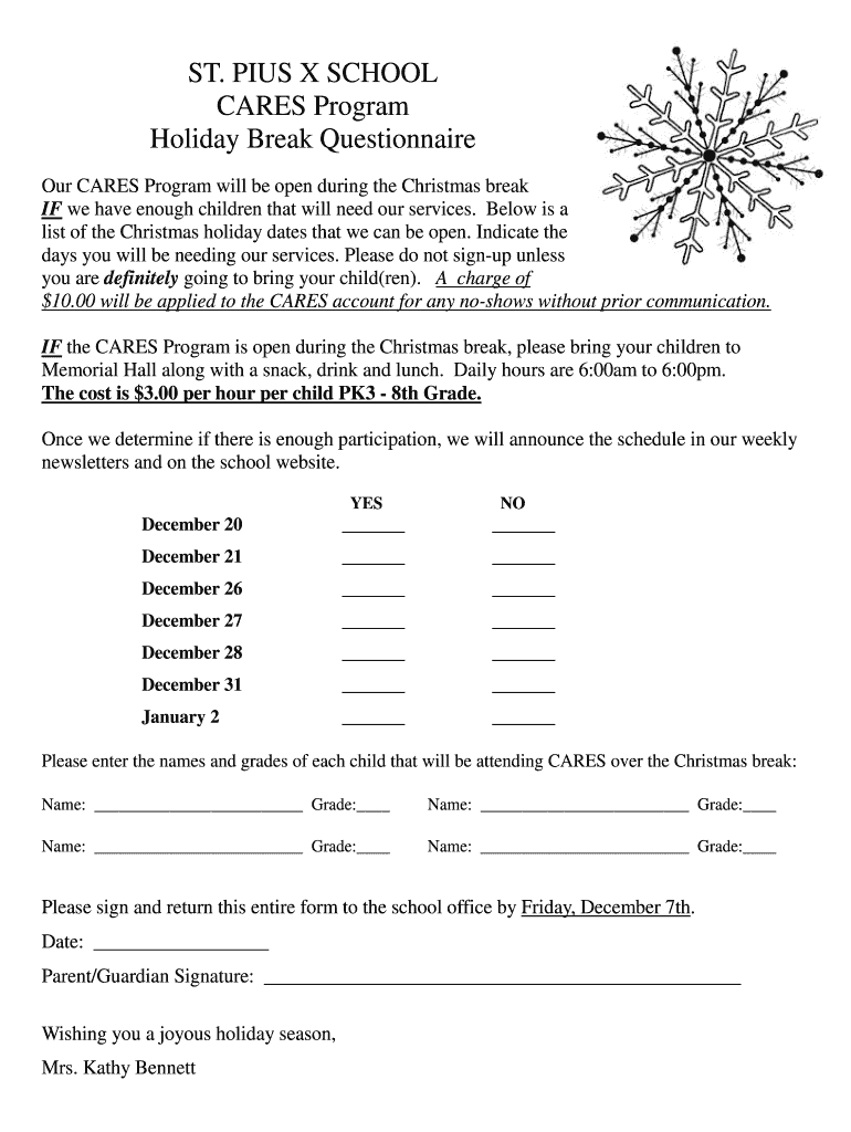Fillable Online ST. PIUS X SCHOOL CARES Program Holiday Break ...