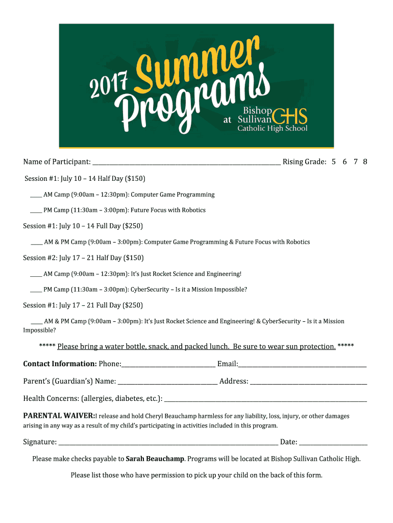 Fillable Online Please bring a water bottle, snack, and packed lunch ...