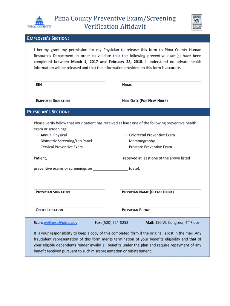 Fillable Online Pima County Preventive Exam/Screening Verification ...
