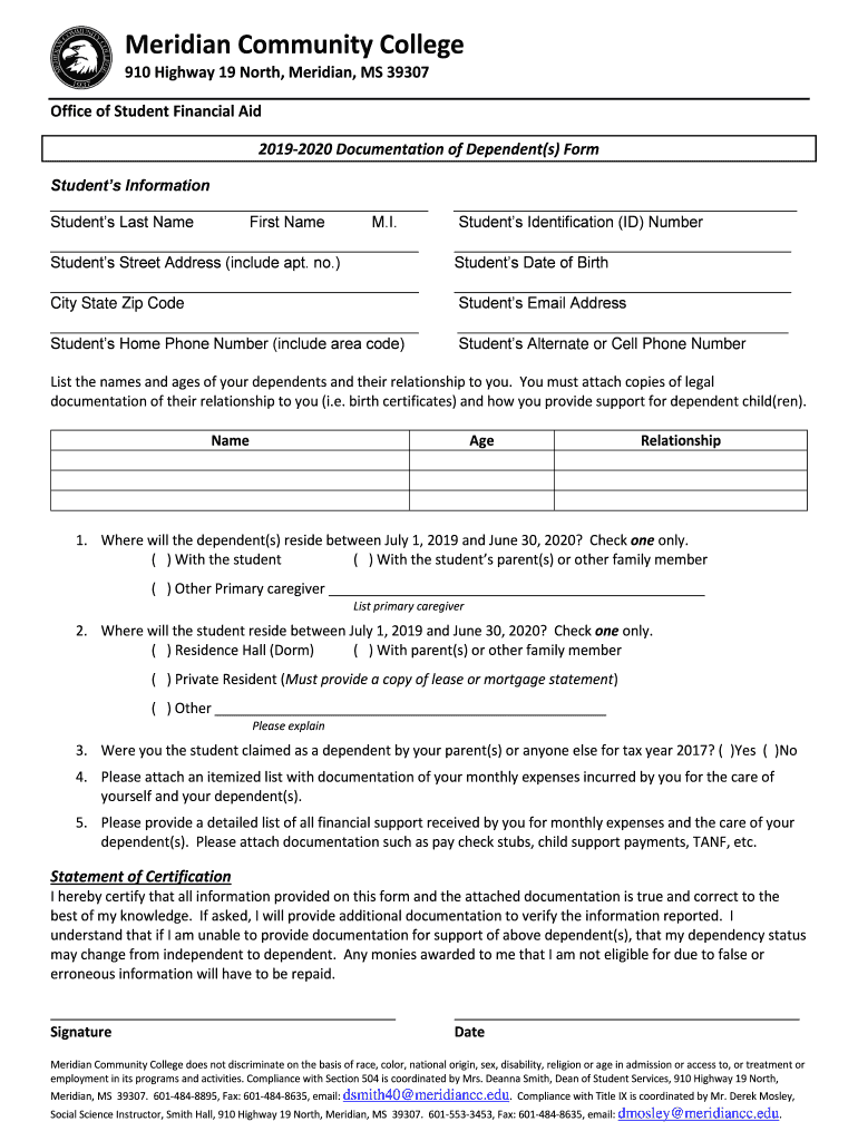 Fillable Online 2019-2020 Documentation of Dependent(s) Form Fax Email ...