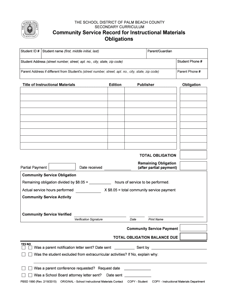 Fillable Online www2 palmbeachschools Community Service Record for ...