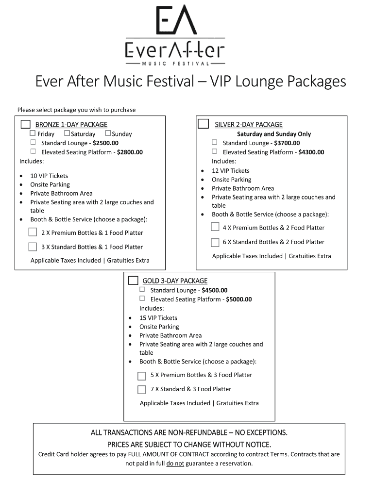 Fillable Online VIP Lounge Packages - Ever After Music Festival Fax ...