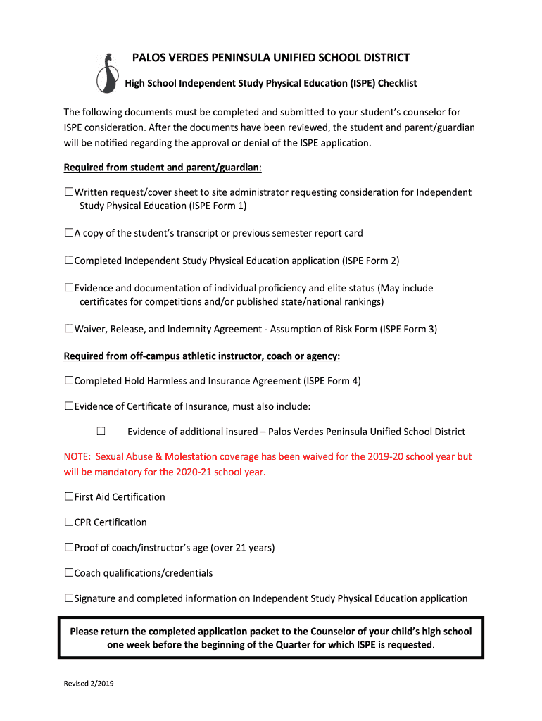 Fillable Online Independent Study PE - Palos Verdes Peninsula Unified ... Fax Email Print ...