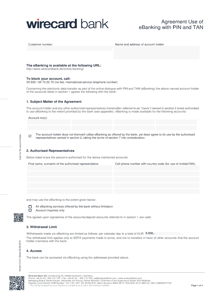 Fillable Online Agreement Use of eBanking with PIN and TAN - Wirecard ... Fax Email Print ...