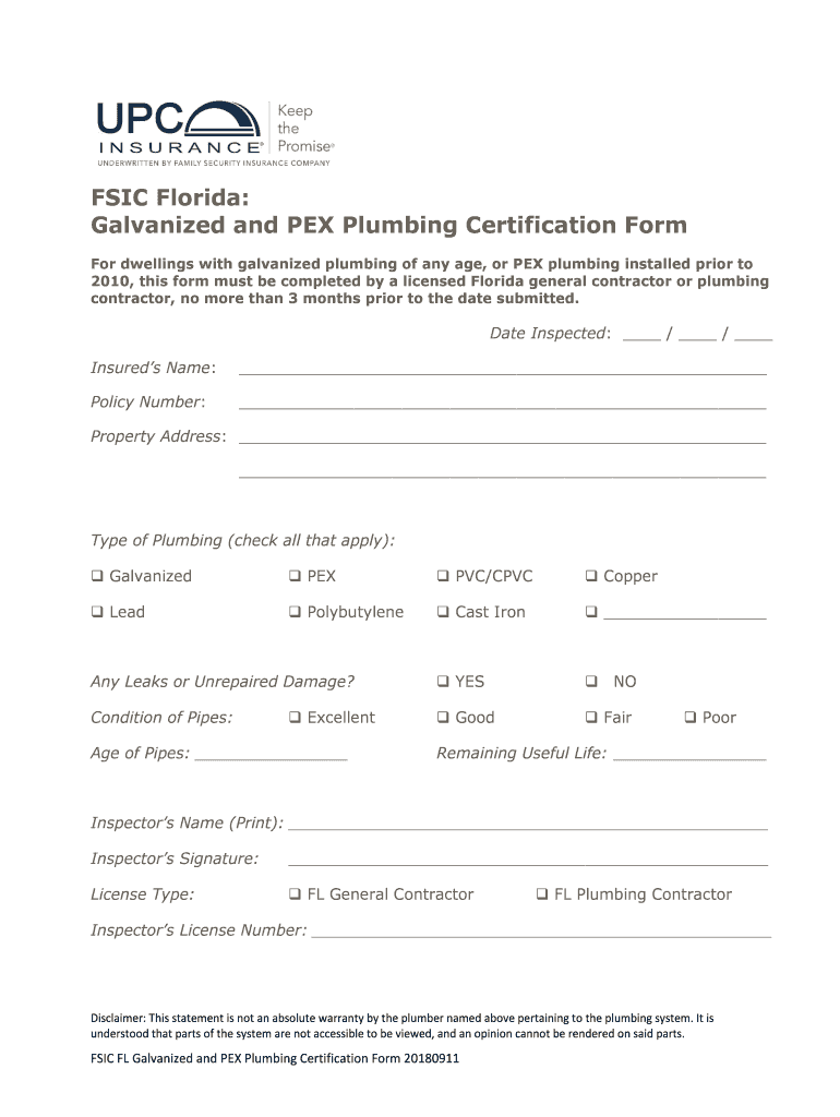 Fillable Online FSIC Florida: Galvanized and PEX Plumbing Certification ...
