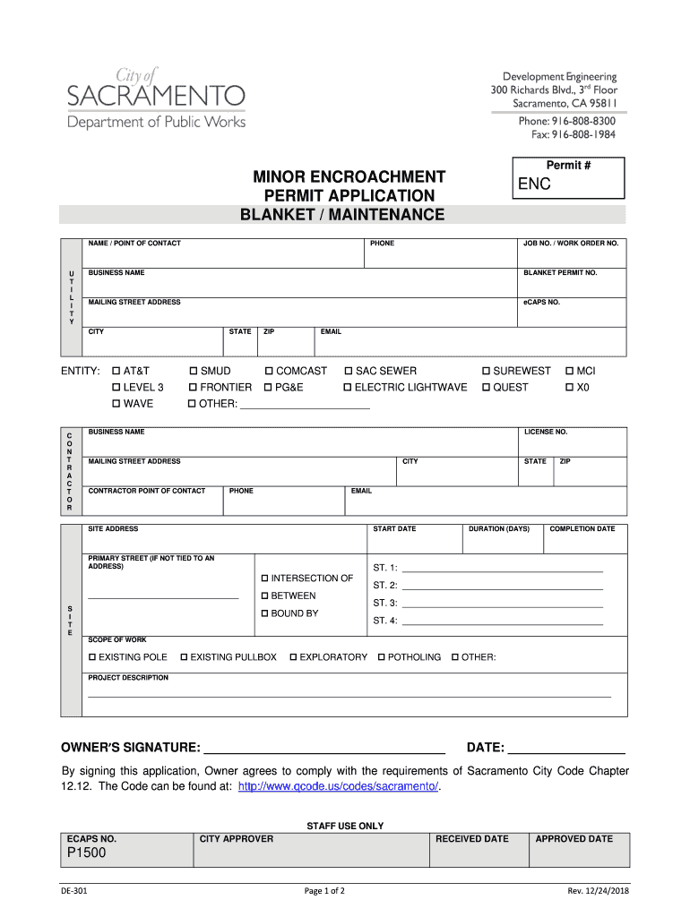 Fillable Online minor encroachment permit application blanket ...