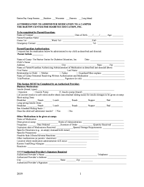 Fillable Online Day Camp Authorization to Administer Medication ...