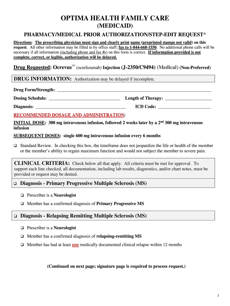 Fillable Online PAOcrevusMedicalOFC. Ocrevus Injection (Non-Preferred ...