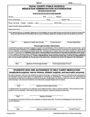 Fillable Online Medication Admission Authorization - Duval County ...