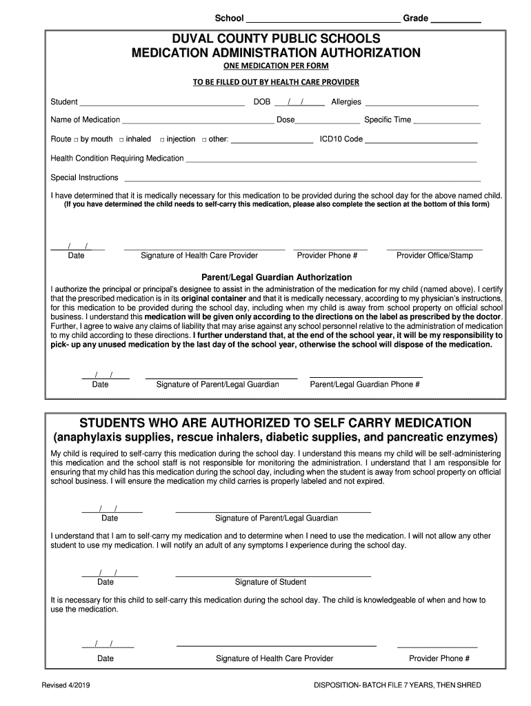 Fillable Online Medication Admission Authorization - Duval County ...