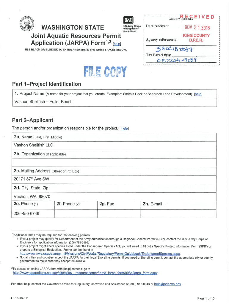 Fillable Online WASHINGTON STATE Joint Aquatic Resources Permit ... Fax ...