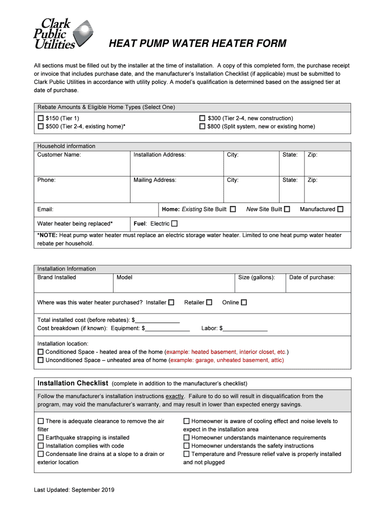 Fillable Online Heat Pump Water Heater Installation Form - Klickitat ...