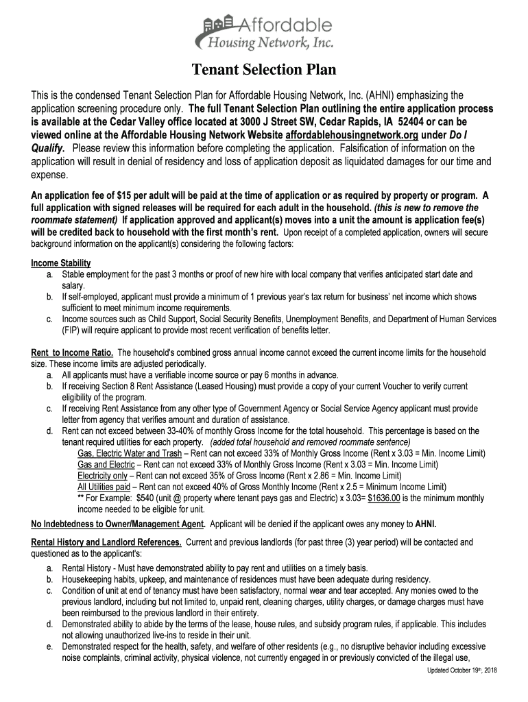 Fillable Online AHNI Tenant Selection Plan - Affordable Housing Network ...