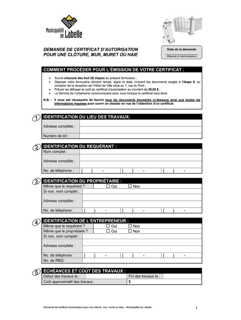 Remplissable En Ligne (DEMANDE DE CERTIFICAT D'AUTORISATION POUR UNE CL324TURE, MUR, MURET OU ...