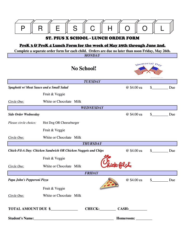 Fillable Online School Lunch Menus and Order Form - Hillel Academy of ...