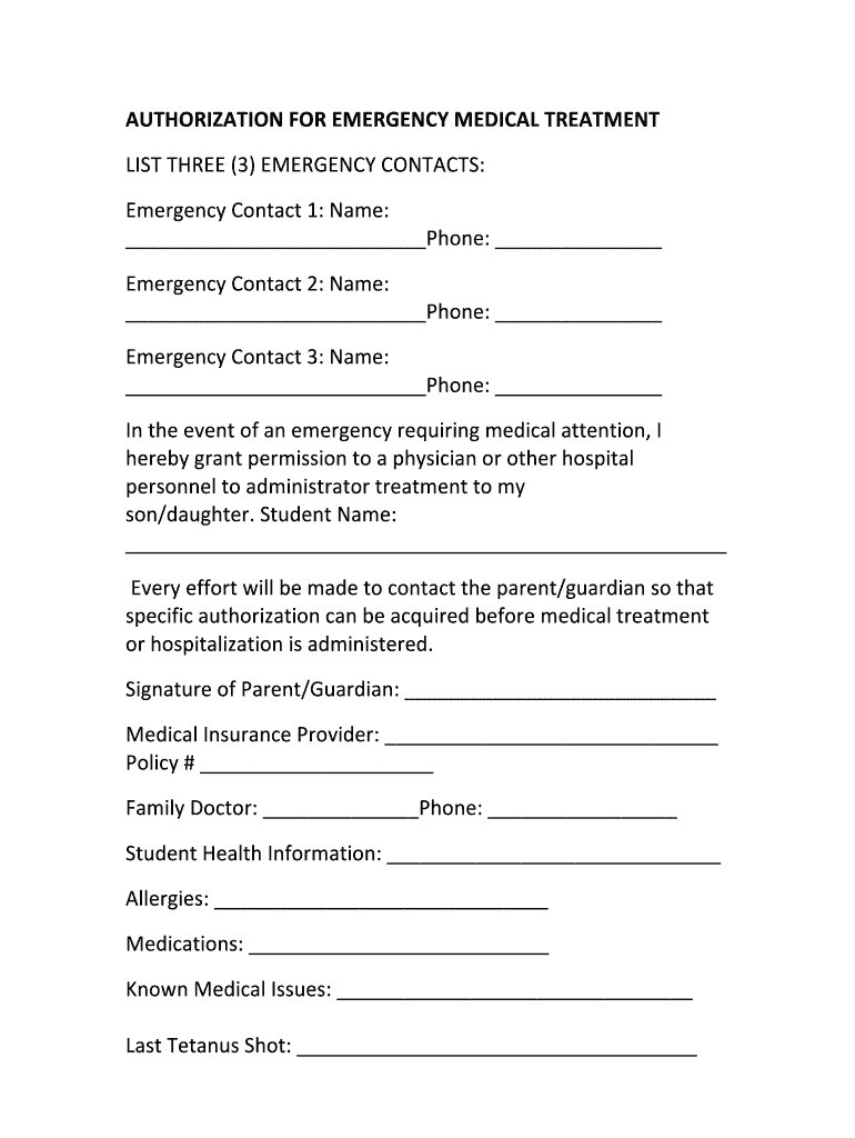 Fillable Online EMERGENCY MEDICAL AUTHORIZATION FORM PART 1 or ... Fax ...