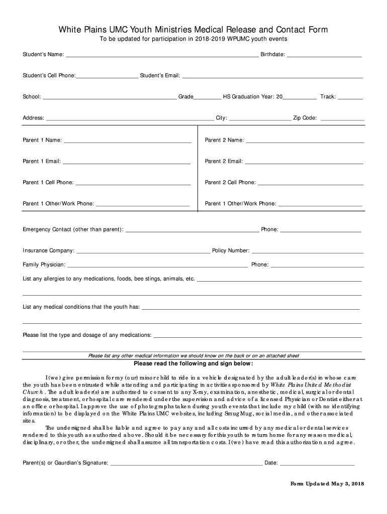 Fillable Online White Plains UMC Youth Ministries Medical Release and ...