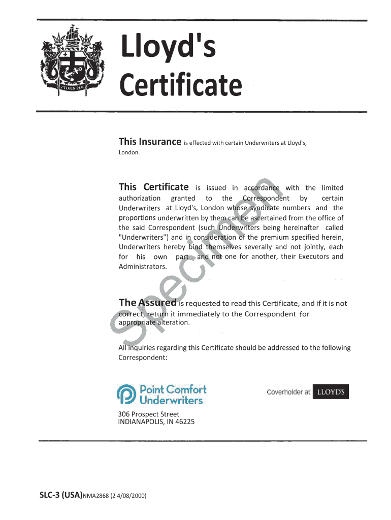 Fillable Online Lloyd's Certificate - Seven Corners Fax Email Print - pdfFiller