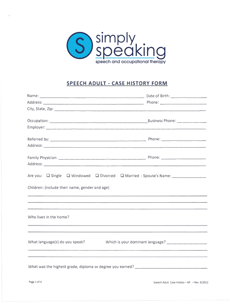 Fillable Online Adult Case History Form - Beverly Hospital Fax Email ...