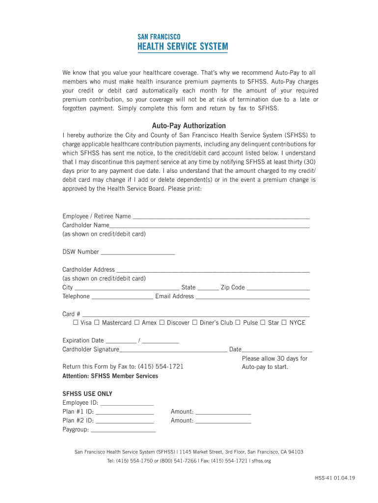 Fillable Online Auto-Pay Authorization - San Francisco Health Service ...