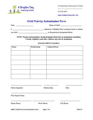 Fillable Online Child Pick-Up Authorization Form - abrighterdaycenter ...