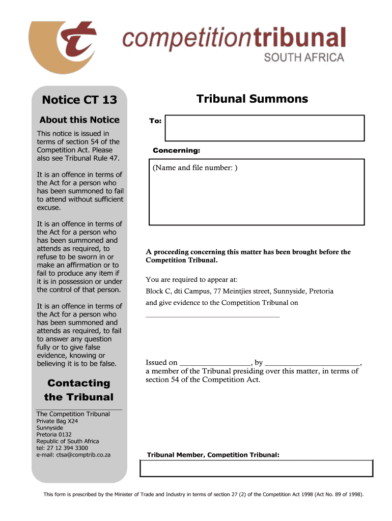Fillable Online COMPETITION TRIBUNAL FORMS - comptrib.co.za Fax Email ...