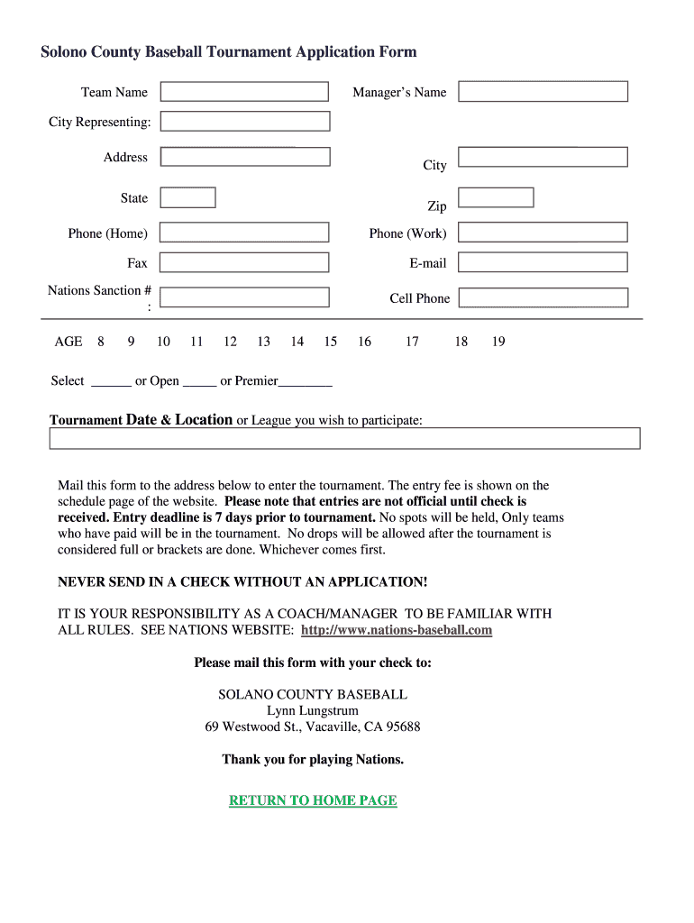 Fillable Online Solono County Baseball Tournament Application Form Fax ...