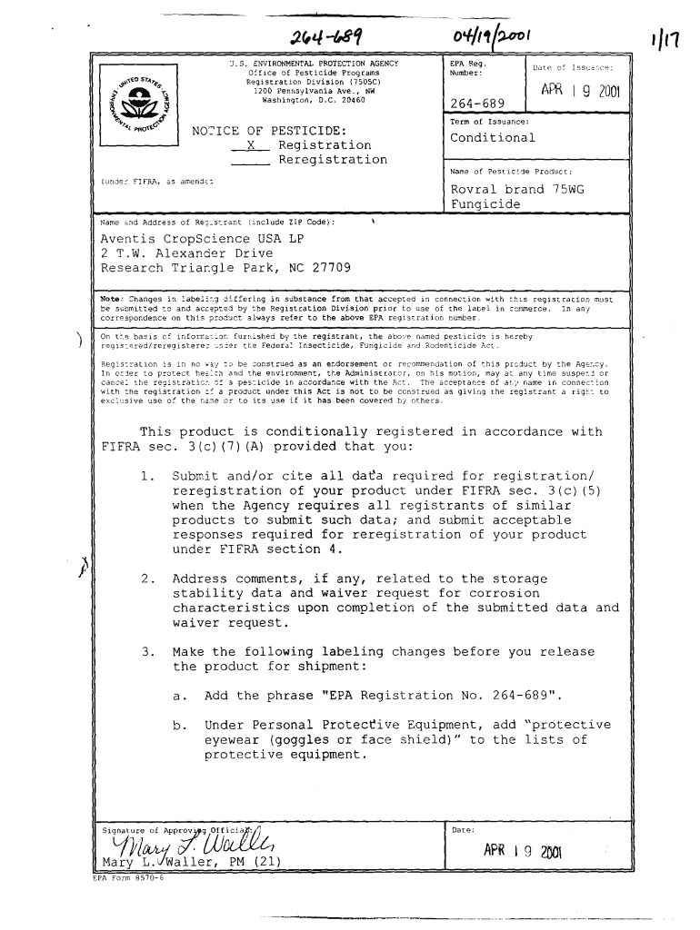 Fillable Online U.S. EPA, Pesticide Product Label, ROVRAL BRAND 75WG ...