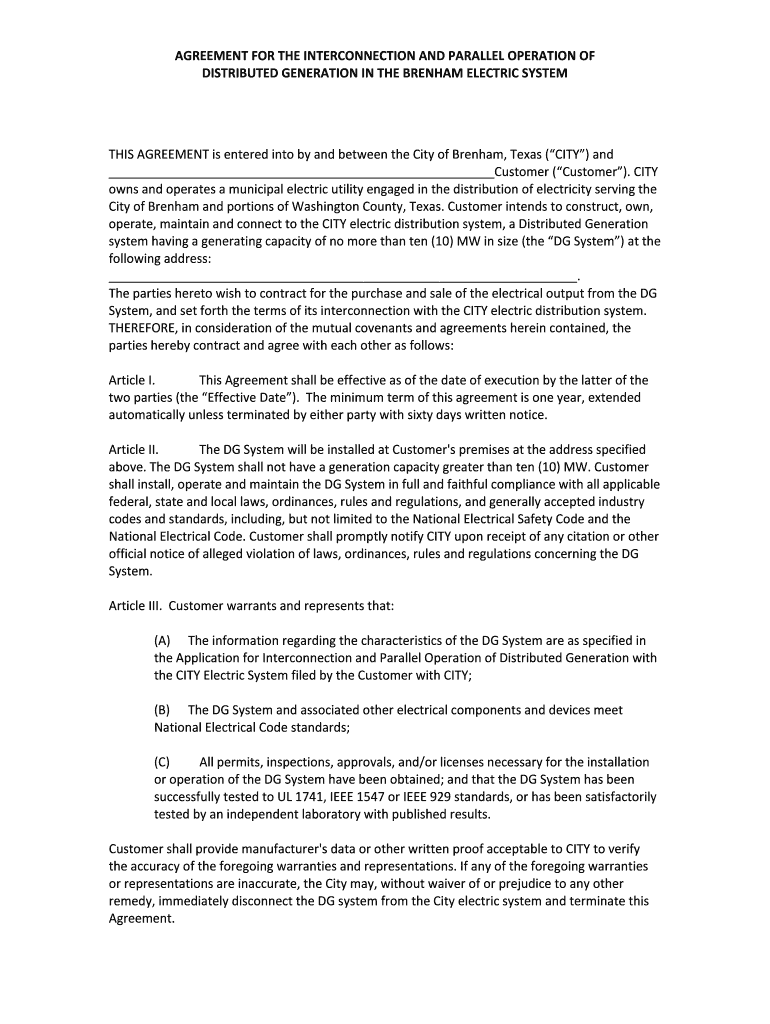 Fillable Online AGREEMENT FOR THE INTERCONNECTION AND PARALLEL ...