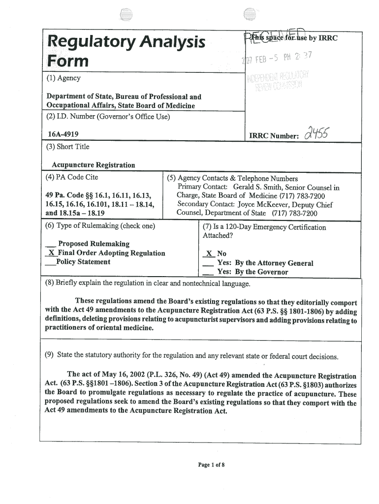 Fillable Online I RRC Regulatory Analysis Form - irrc.state.pa.us Fax ...