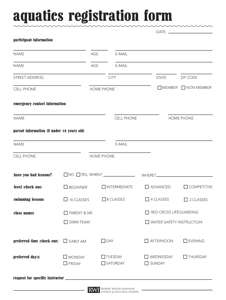 Fillable Online aquatics registration form - rwjfitnesswellness.com Fax Email Print - pdfFiller