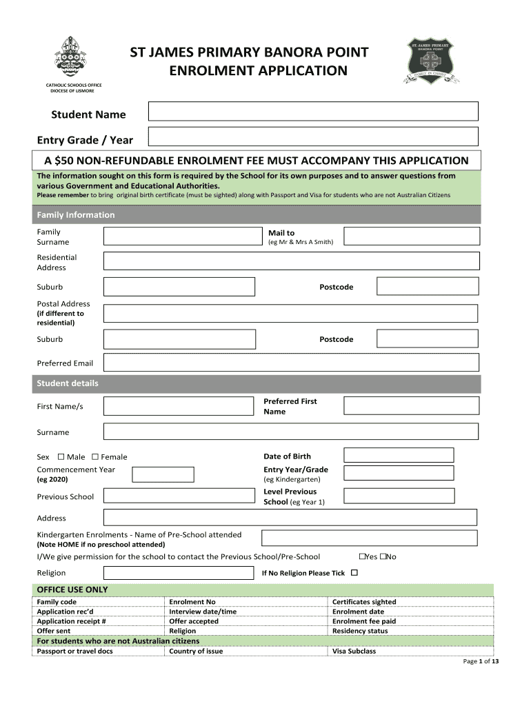 Fillable Online ST JAMES PRIMARY BANORA POINT ENROLMENT APPLICATION Fax ...