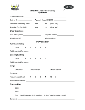 Fillable Online 2016-2017 All-Star Cheerleading Tryout Form Fax Email ...