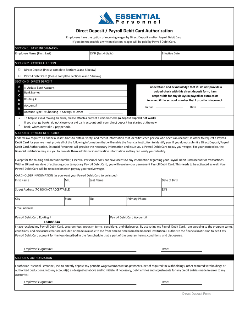 Fillable Online direct deposit/payroll debit card authorization - City ...