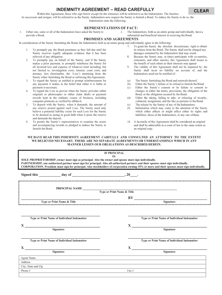 Fillable Online general agreement of indemnity - Nationwide Management ...
