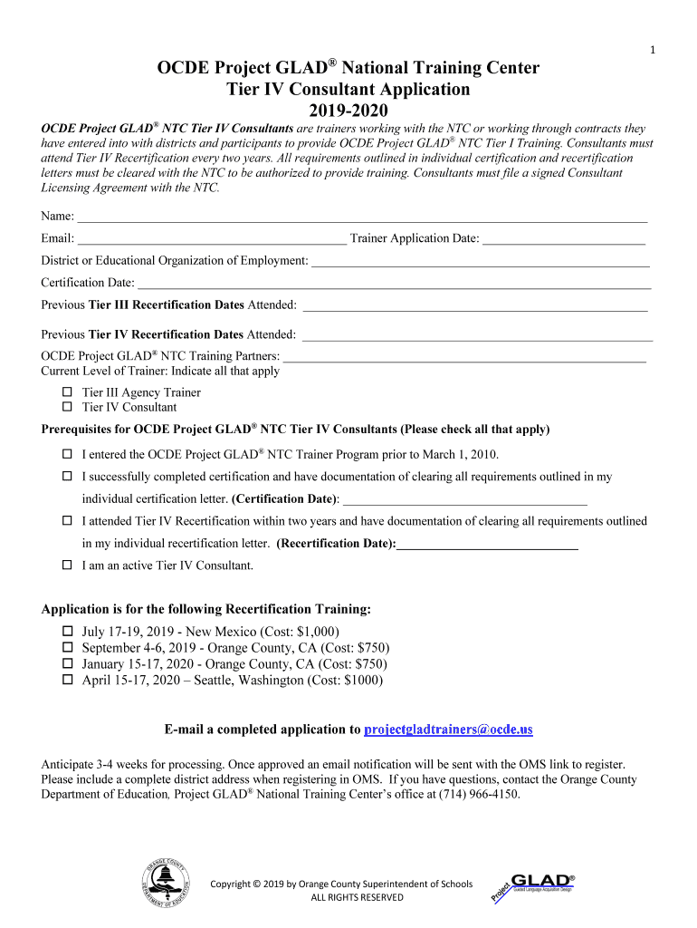 Fillable Online OCDE Project GLADNational Training Center Tier IV ...