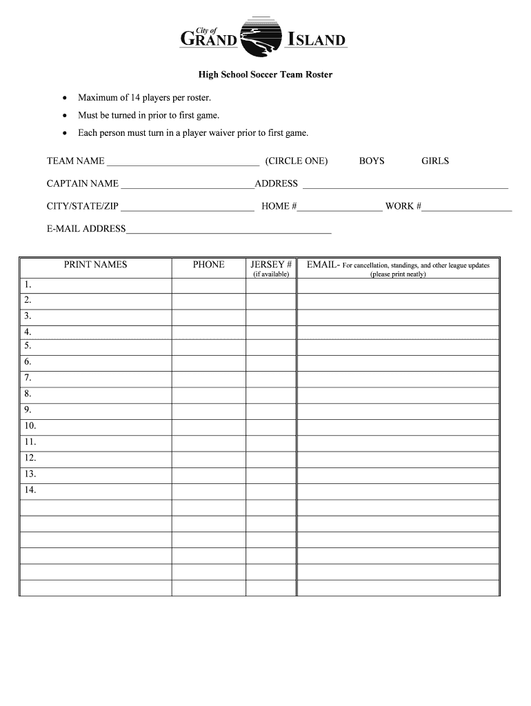 Fillable Online High School Soccer Team RosterMaximum of 14 players per ...