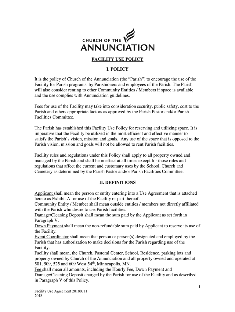 Fillable Online Facility Use Agreement - Annunciation Church and School ...