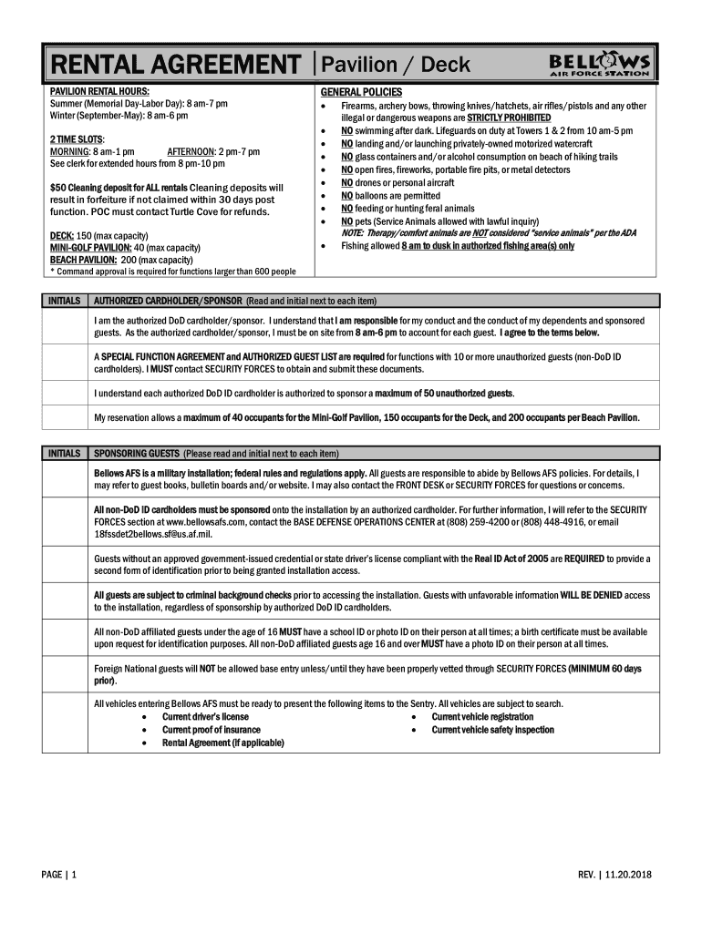 Fillable Online RENTAL AGREEMENT Pavilion / Deck - Bellows Air Force ...